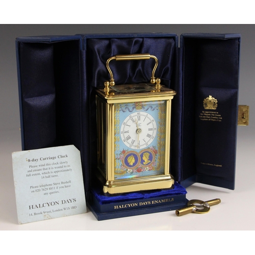 A Halcyon Days Enamels lacquered brass eight day carriage clock, the ...