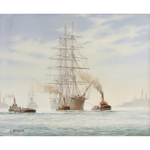 A. Markham (20th century), A Man-of-War under tow, Oil on canvas ...