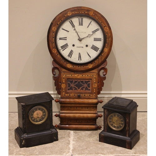 A Victorian walnut and inlaid drop-dial wall clock, the 30cm painted ...