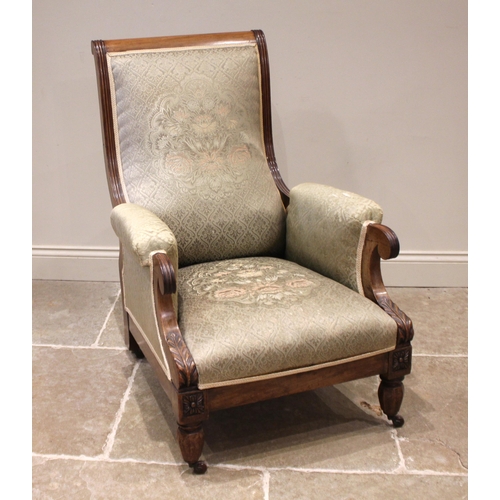 A Victorian mahogany club armchair, the padded backrest with scrolled ...