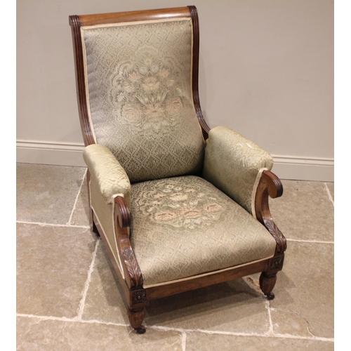 A Victorian mahogany club armchair, the padded backrest with scrolled ...