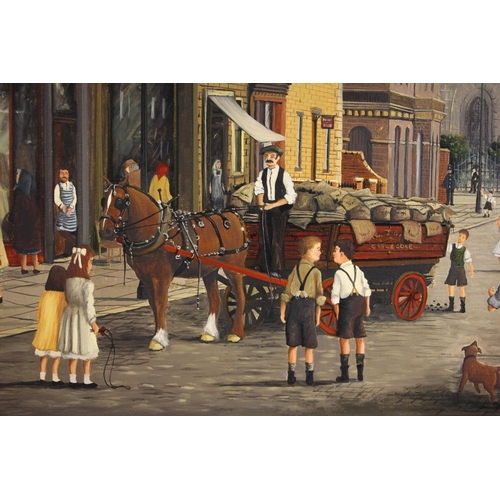 Eric Bellis (British, b.1946), A street scene with horse-drawn coal ...