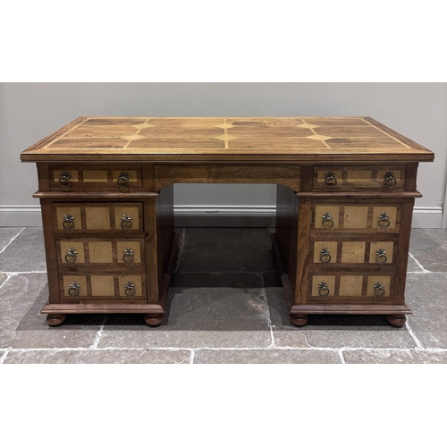 A teak and hardwood parquetry pedestal writing desk by Arighi Bianchi ...