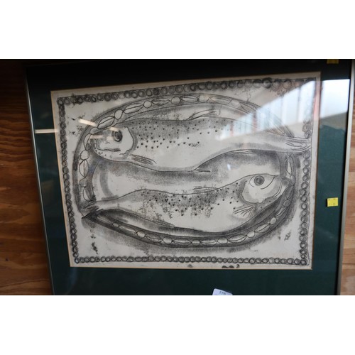 Monoprint of smiling trout by Alison Wagstaffe