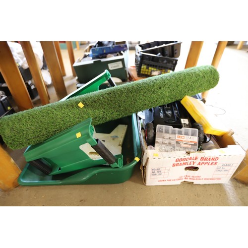 Small roll of astro turf, garden kneeler, step, potting troy, trolley ...