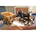 3x various size shire horse ornaments & wooden cart