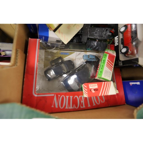 Box of model vehicles, bus, tractor, cars