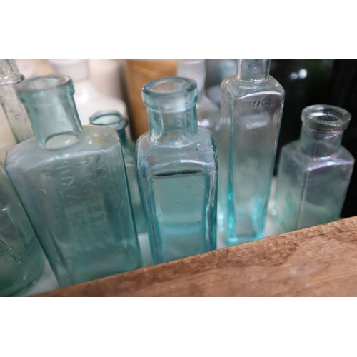 Collection of antique stoneware, glass, bottles, E. Eyre & Co Kings ...