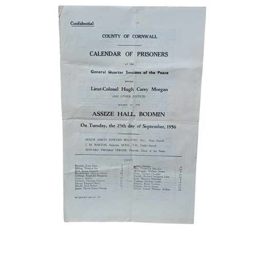 Very Rare County of Cornwall Calendar Of Prisoners Assize Hall Bodmin ...