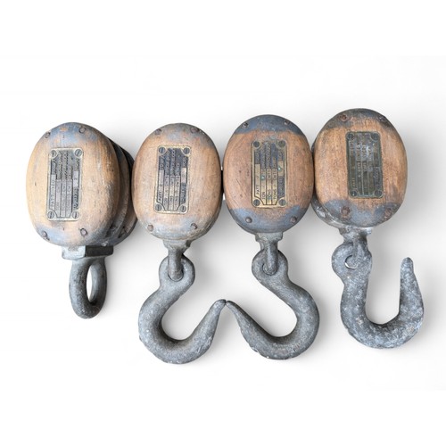 Four Vintage Very Large Wooden Pulley Blocks, Three With Hooks Overall ...