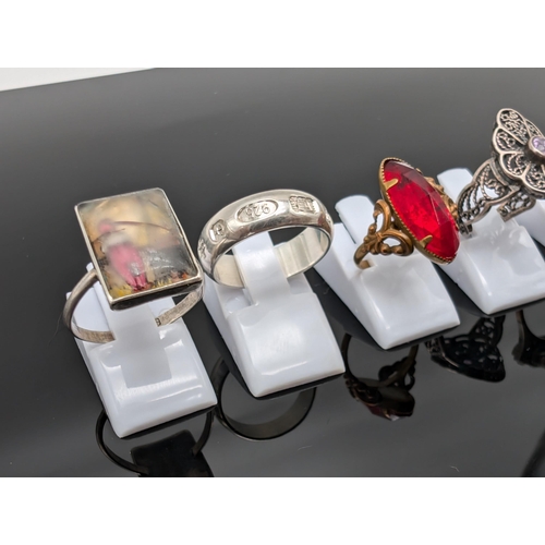 Bundle 6 Vintage Rings, 5 Silver Plus One Other Yellow Metal With Red ...