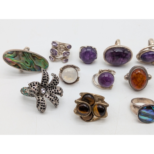 Collection of silver rings — a selection of Sixteen examples, variously ...