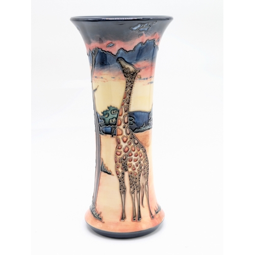 A boxed Moorcroft Pottery Samburu Giraffe pattern flared rim cylindrical vase, circa 1995, designed