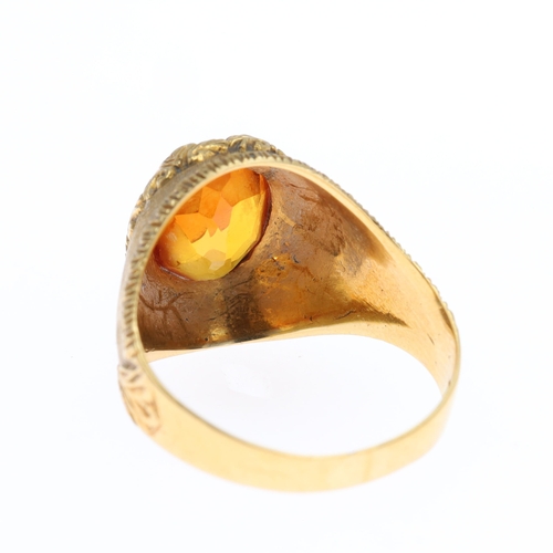 Orange Sapphire Set 18ct Gold Foliate Detail Signet Ring