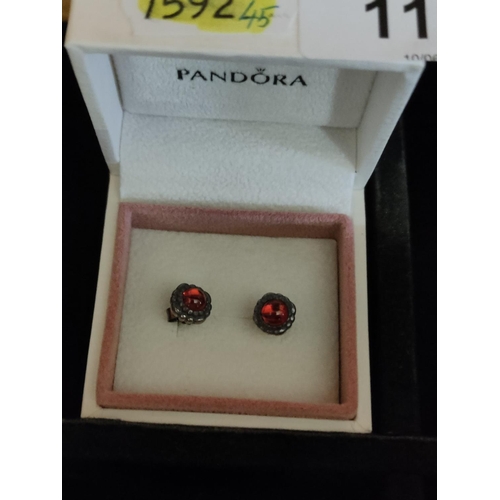 Genuine PANDORA 925 Sterling silver earrings with Garnet gemstone round ...