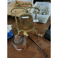 Brass gong, wood mounted bell and a lidded treen barrel