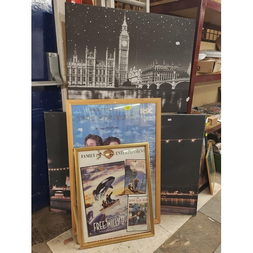 A collection of pictures, including two large canvases of London scenes ...