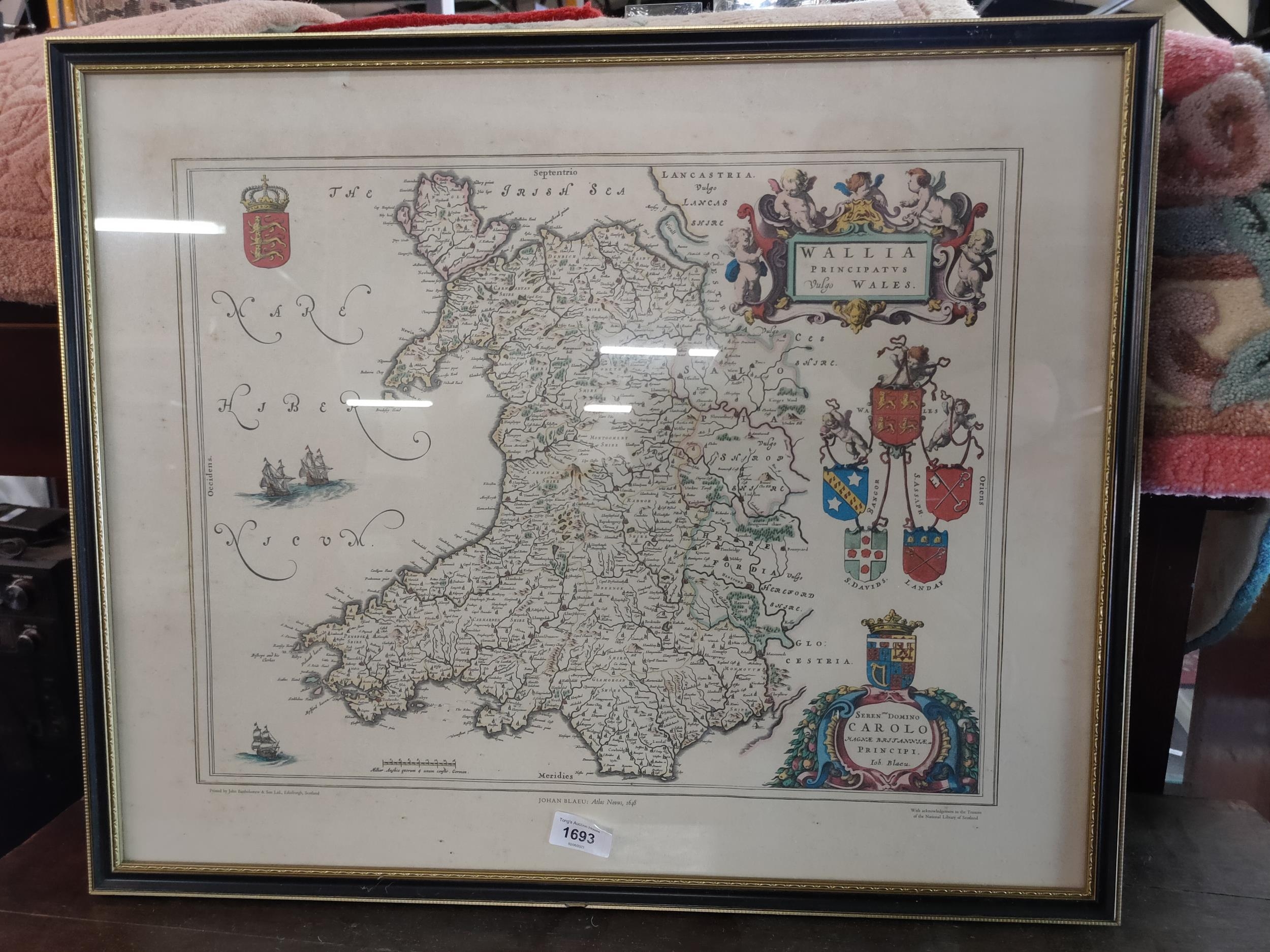 Beautiful large framed vintage map of the Principality of Wales, approx ...
