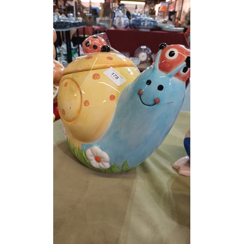 RAYWARE POTTERY large snail cookie jar in pretty springtime colours