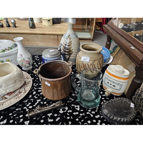 Job lot. Studio pottery, glass tankard, copper pot, rum barrell ...