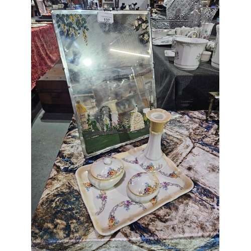 pretty ceramic dressing table set and hand painted mirror