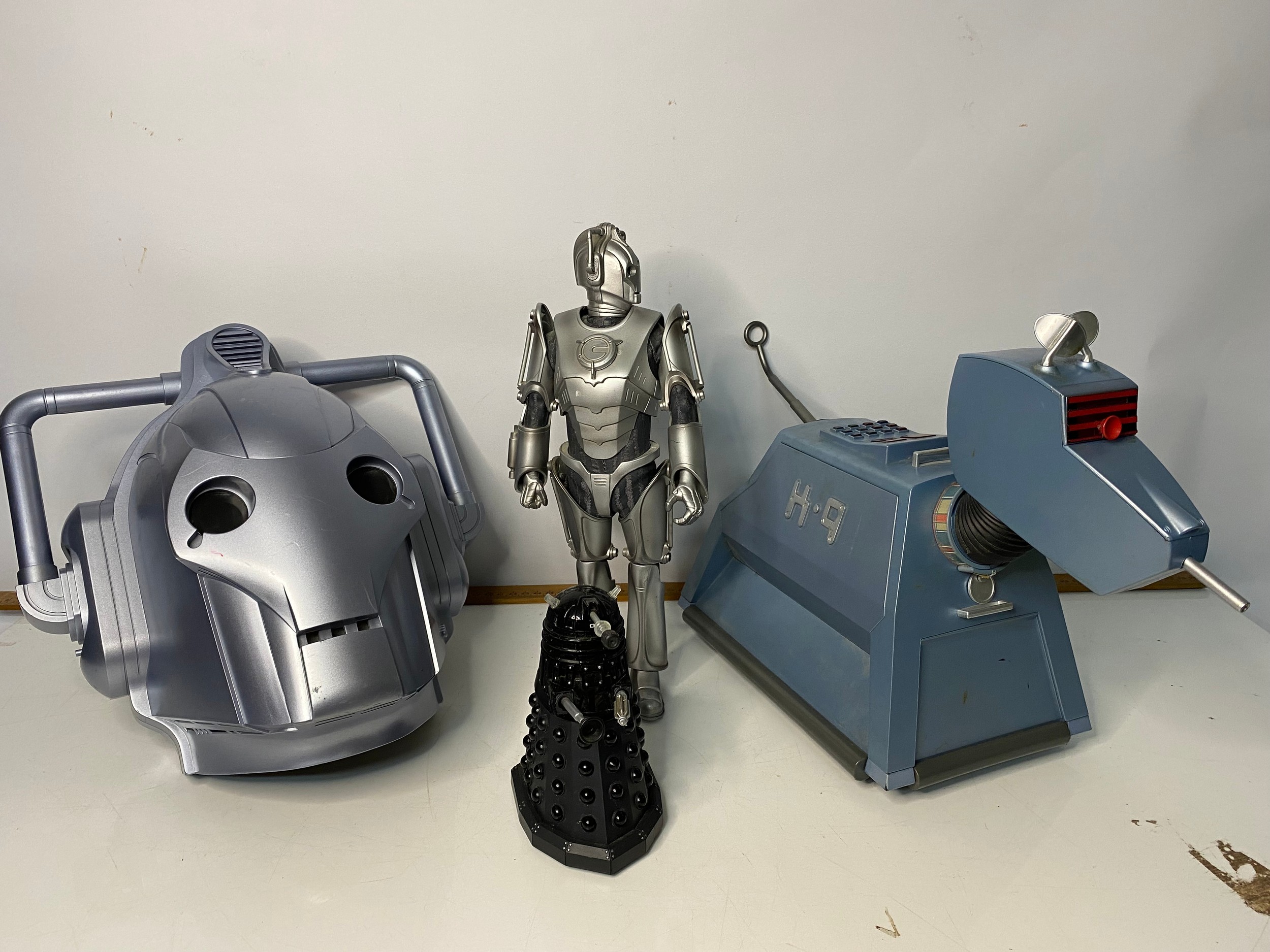 Selection of Dr Who toys, K-9 , Dalek, Cyberman figure and Cyberman helmet.
