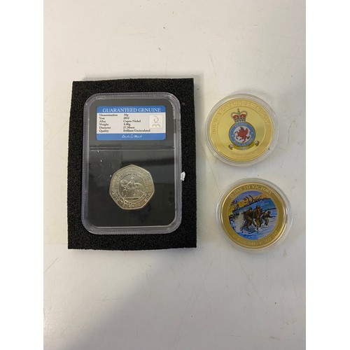 3 x collectable coins, a RAF Squadron 50p, a cased 2022 Elizabeth II ...