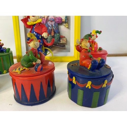 Collection of 5 x clown trinket boxes, clown ornament on metal unicycle ...
