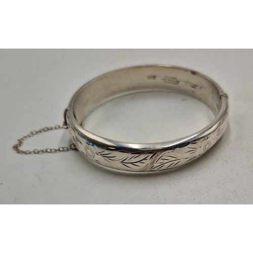 SILVER BANGLE (Full Birmingham Hallmarks) With SAFETY CHAIN & FLORAL ...