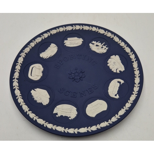 WEDGWOOD DARK BLUE JASPER WARE Large 20cm Dia PLAQUE DEPICTING SPORTING ...