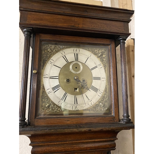 A antique Coats of Wigan long cased clock with brass dial, weights and ...