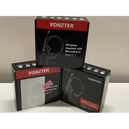 Three new boxed Vonztek wireless headsets with microphone (untested)