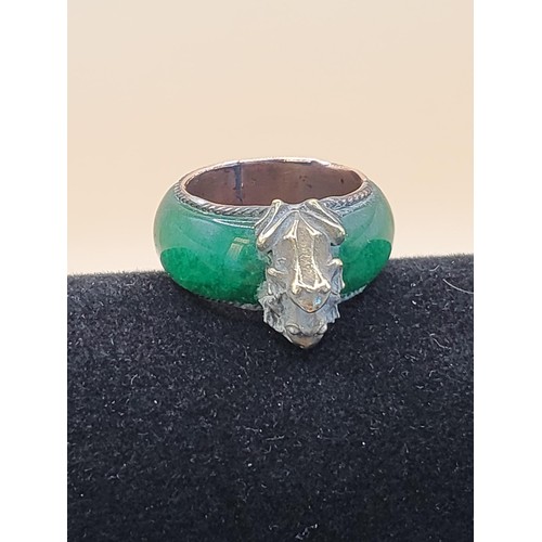 Chinese Jade Ring with Frogs on Top Signed on Inside Maybe Silver Gilt ...