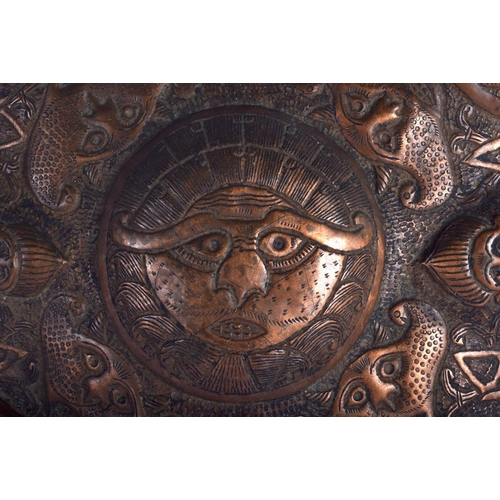 AN UNUSUAL 19TH CENTURY INDIAN TIBETAN COPPER SHIELD decorated with ...