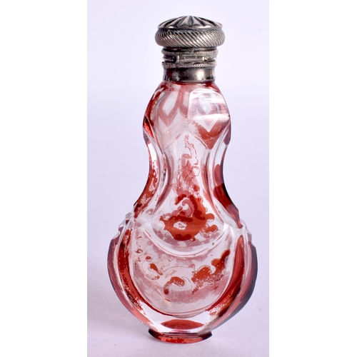 SILVER TOPPED RUBY GLASS SCENT BOTTLE WITH STOPPER. 10.2cm x 4.7cm x 2.3cm