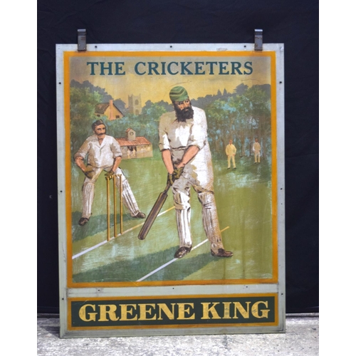 A vintage metal double sided Green King Pub sign "The Cricketers