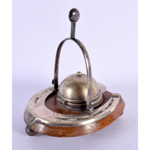 AN EDWARDIAN JOCKEY HAT HORSE SHOE INKWELL. 21 cm x 12 cm.