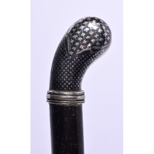 AN ANTIQUE RUSSIAN NIELLO SILVER WALKING CANE. 84 cm long.