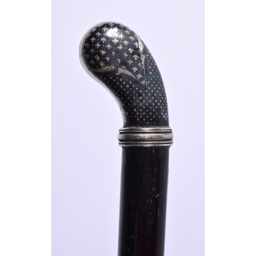 AN ANTIQUE RUSSIAN NIELLO SILVER WALKING CANE. 84 cm long.