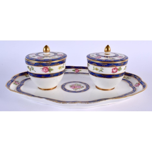 Late 18th c. Sevres comfiture having two bowls with covers painted with ...