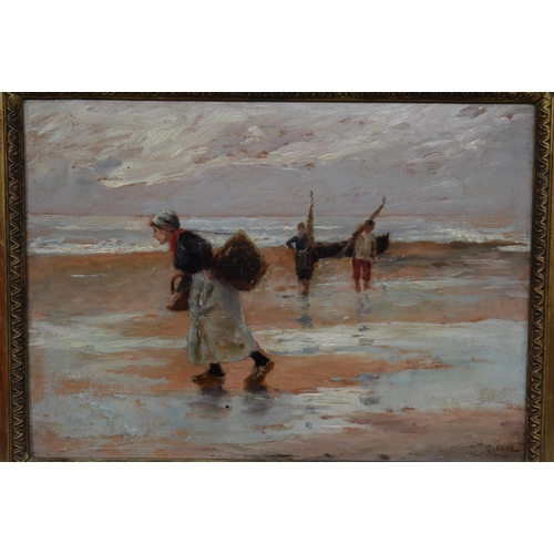 A framed Oil on board depicting people gathering shellfish at low tide ...