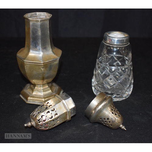 A silver Sugar Sifter together with a glass and silver plated sifter ...
