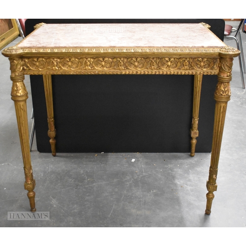 AN ANTIQUE CARVED GILTWOOD MARBLE INSET TABLE. 86 cm x 56cm x 72 cm.