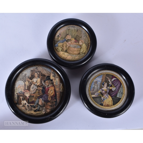 A collection of antique framed ceramic pot lids 15.5 cm