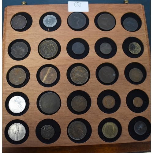 Four Wooded Coin Collectors Trays each containing 36 Coins / Tokens ...