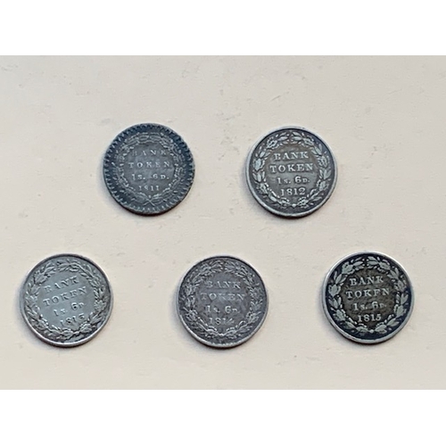 Five George III One Shilling and Sixpence Bank Tokens: 1811 F, 1812 GF ...
