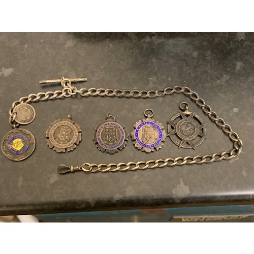 Silver Albert chain together with 5 railway related silver fobs, total ...