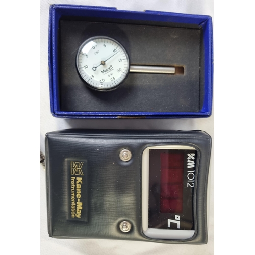 2 OLD TAPE MEASURES, MERCER DIAL GAUGE, KANE-MAY TEMPERATURE MEASURING ...
