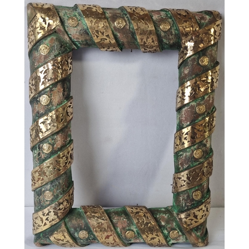 INDIAN HEAVY PICTURE FRAME WITH CARVED WOOD AND WORKED BRASS AND CAST ...