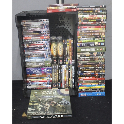 CRATE OF NEW DVDs & 2 SMALL BOXES USED INCLUDING WORLD WAR II 8 DVD BOX SET